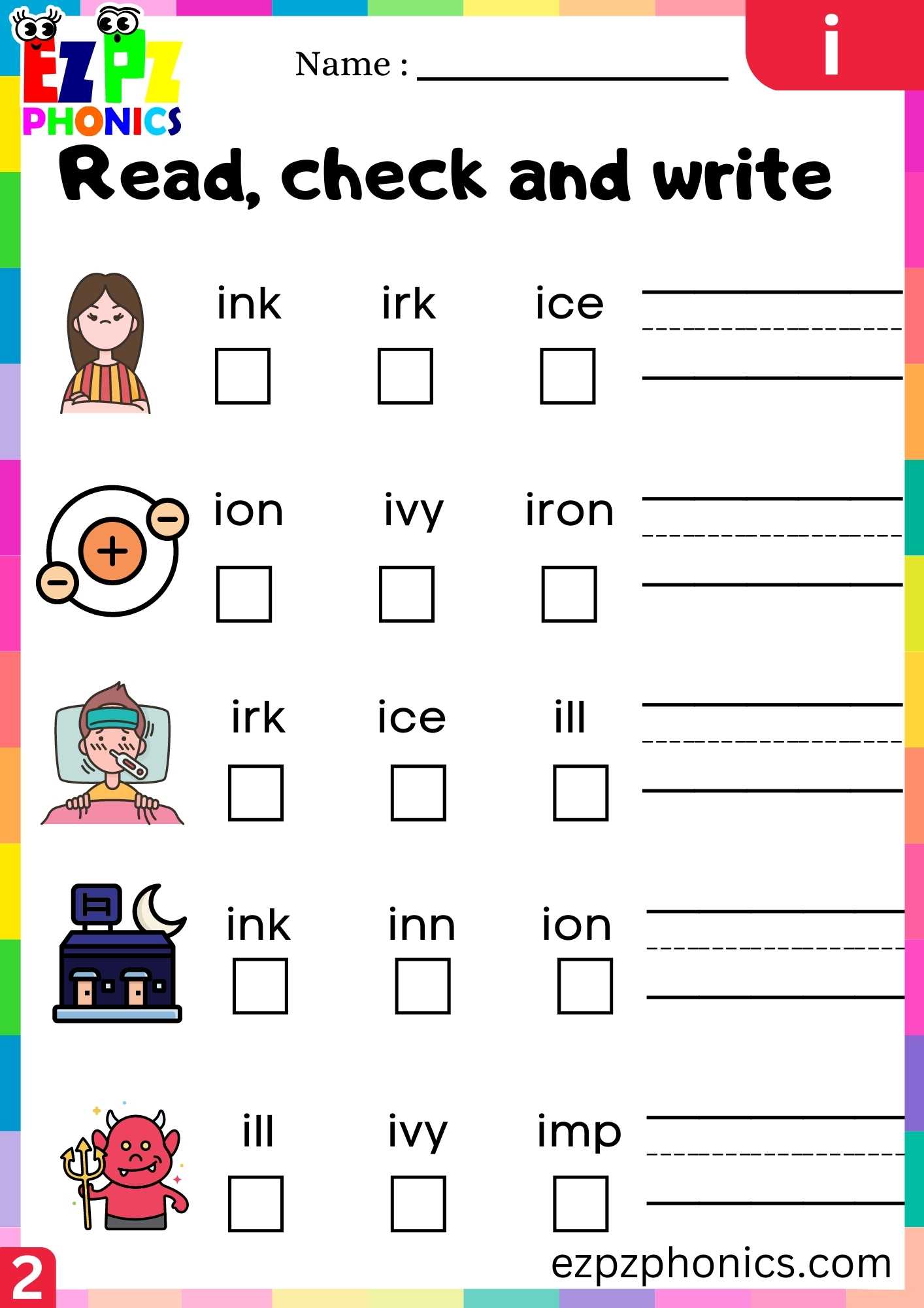 Group2 Letter I Read, Check And Write Beginning Sounds Worksheet - ezpzphonics.com